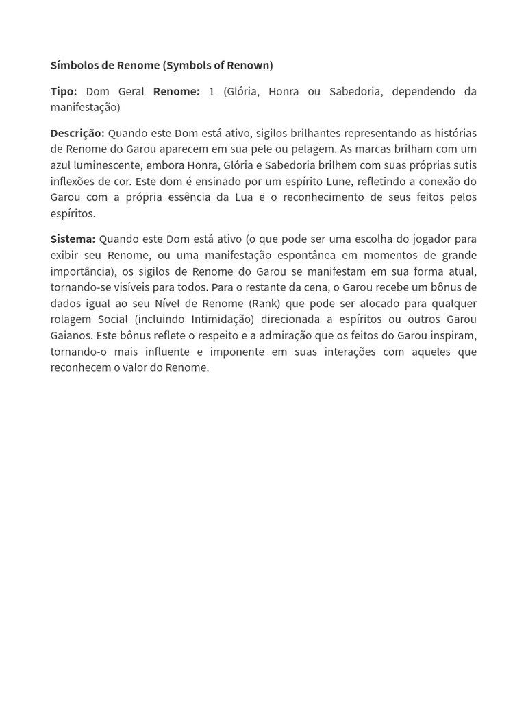 Símbolos de Renome no Garou: Dom e Bônus | PDF