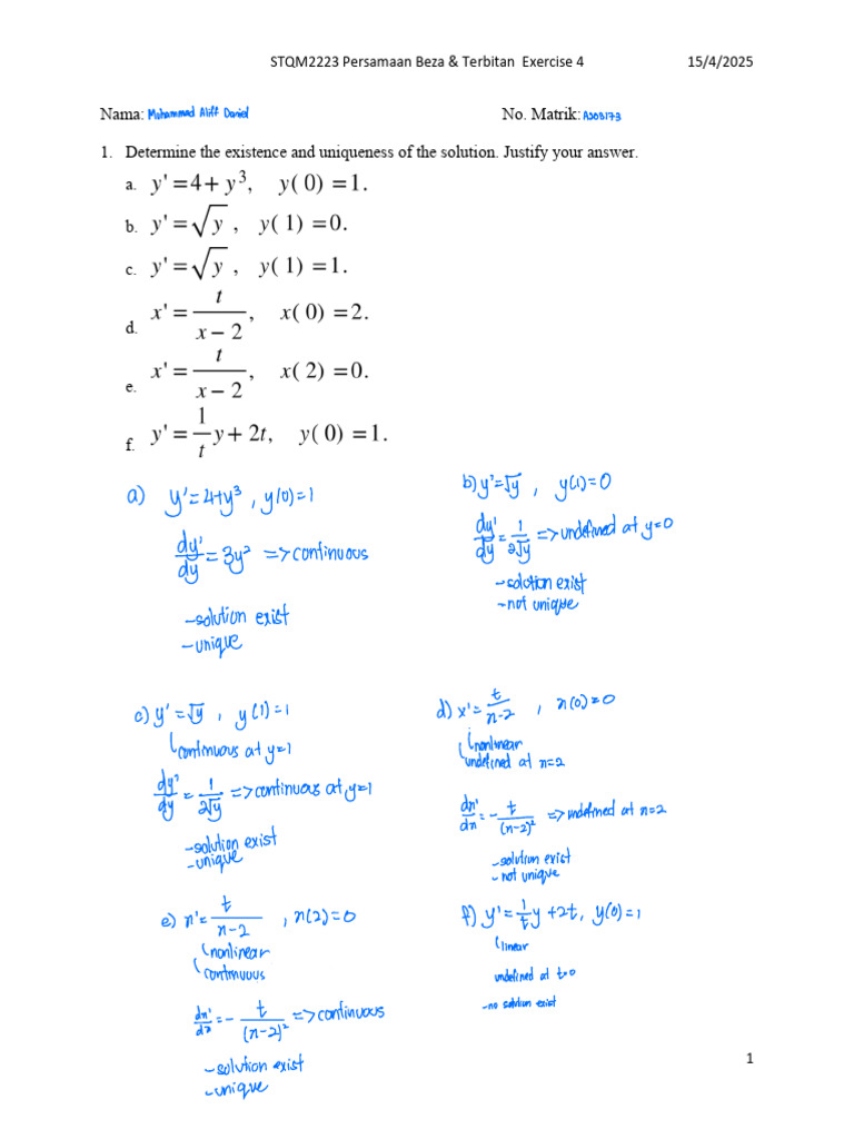 STQM2223 Exercise 4 Existence Uniqueness Theorem | PDF