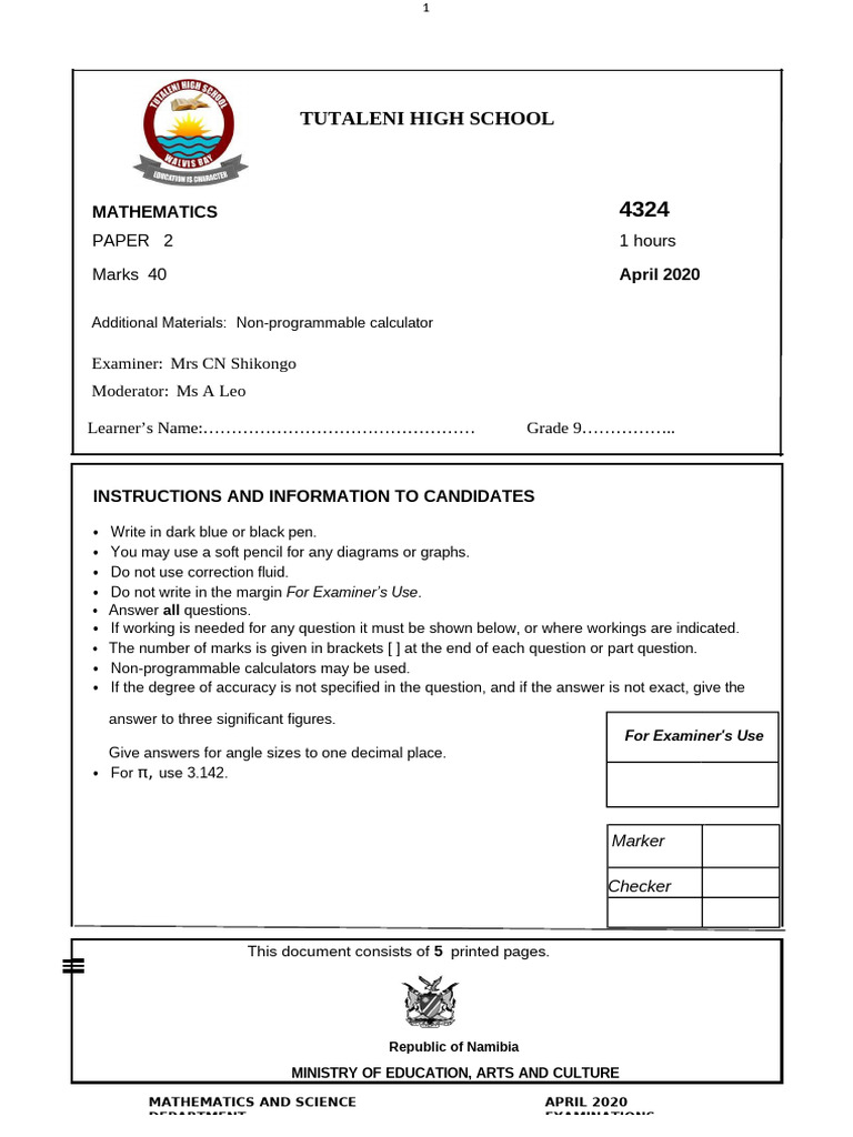 Grade 9 Term 1 Maths Exam Paper | PDF | Hypertension | Speed