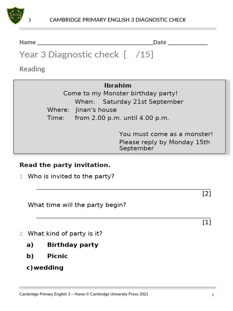Year 3 English Diagnostic Check | PDF