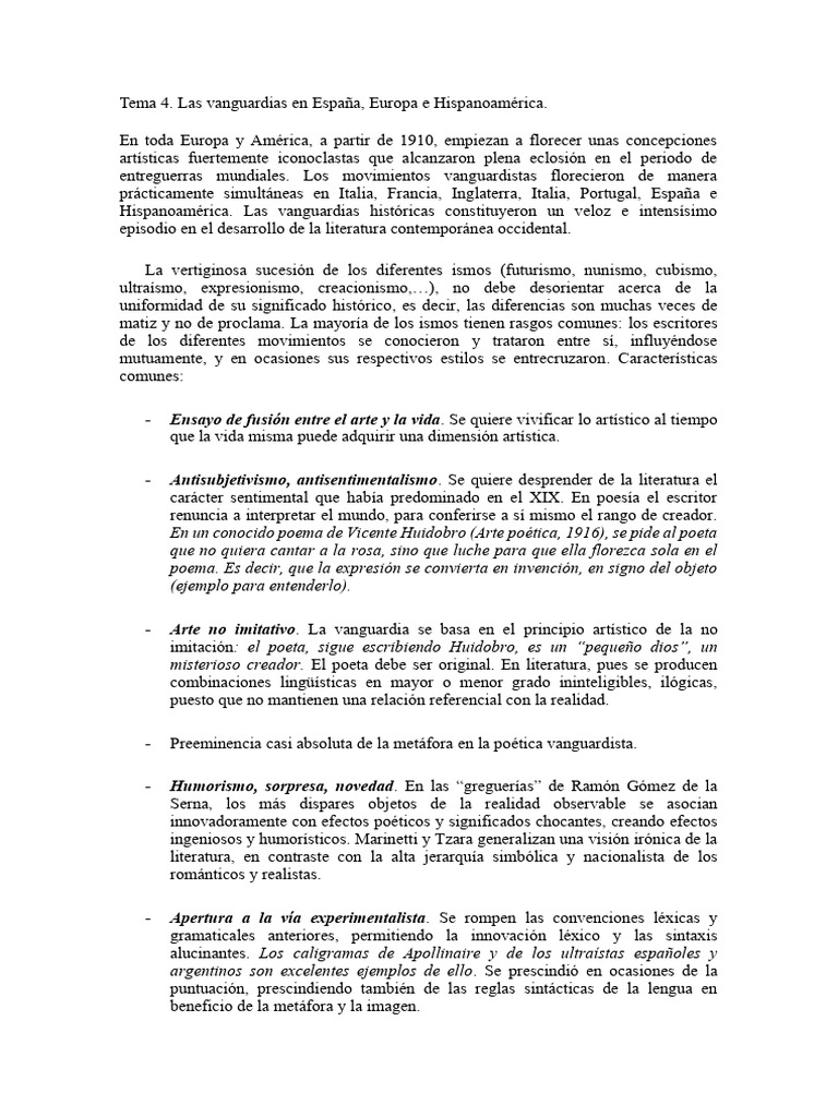 Tema 4. Vanguardias Europeas, Españolas e Hispanoamericanas (1) | PDF ...