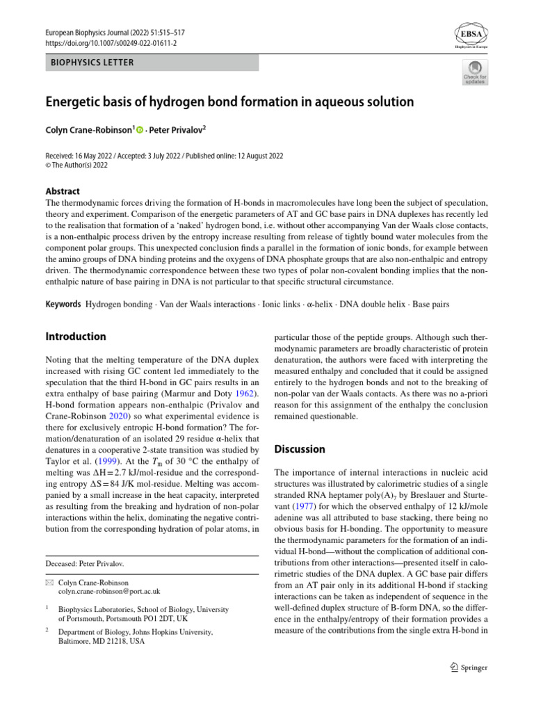 Entropic Basis of Hydrogen Bonds in DNA | PDF | Hydrogen Bond | Dna