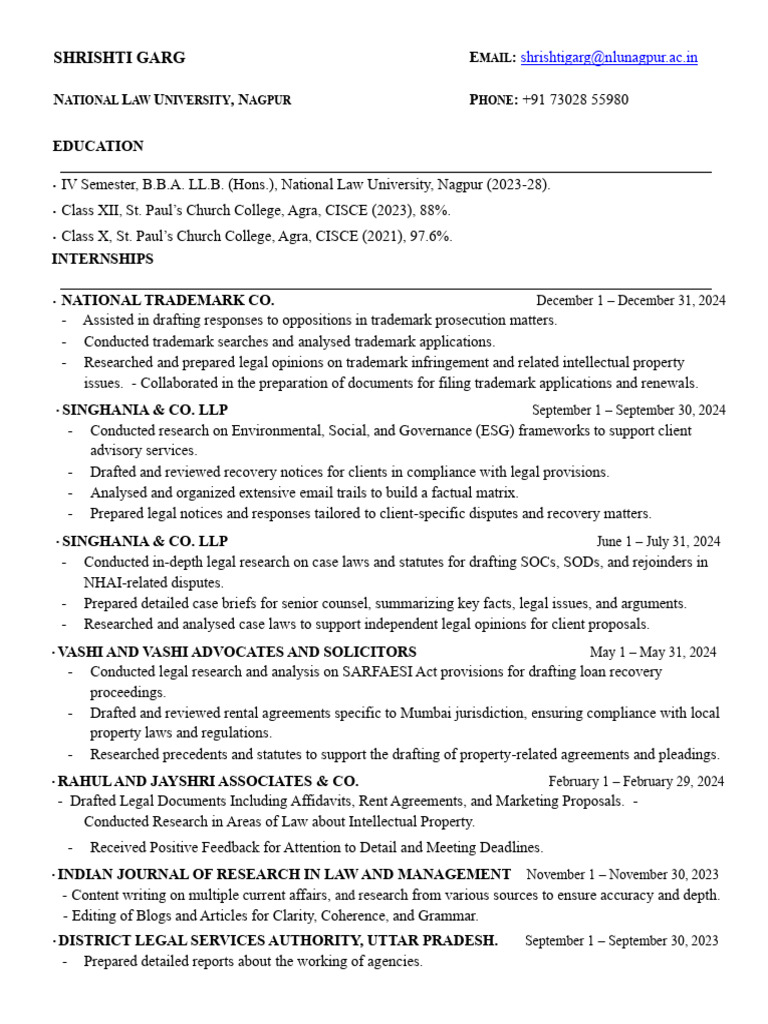 Shrishti Garg's Law Student Resume | PDF | Trademark | Justice