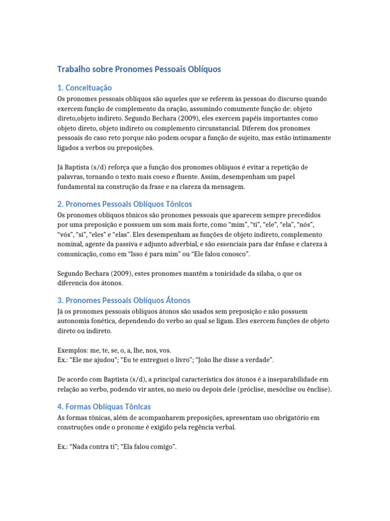 Pronomes Pessoais Oblíquos na Língua Portuguesa | PDF | Gramática | Sintaxe