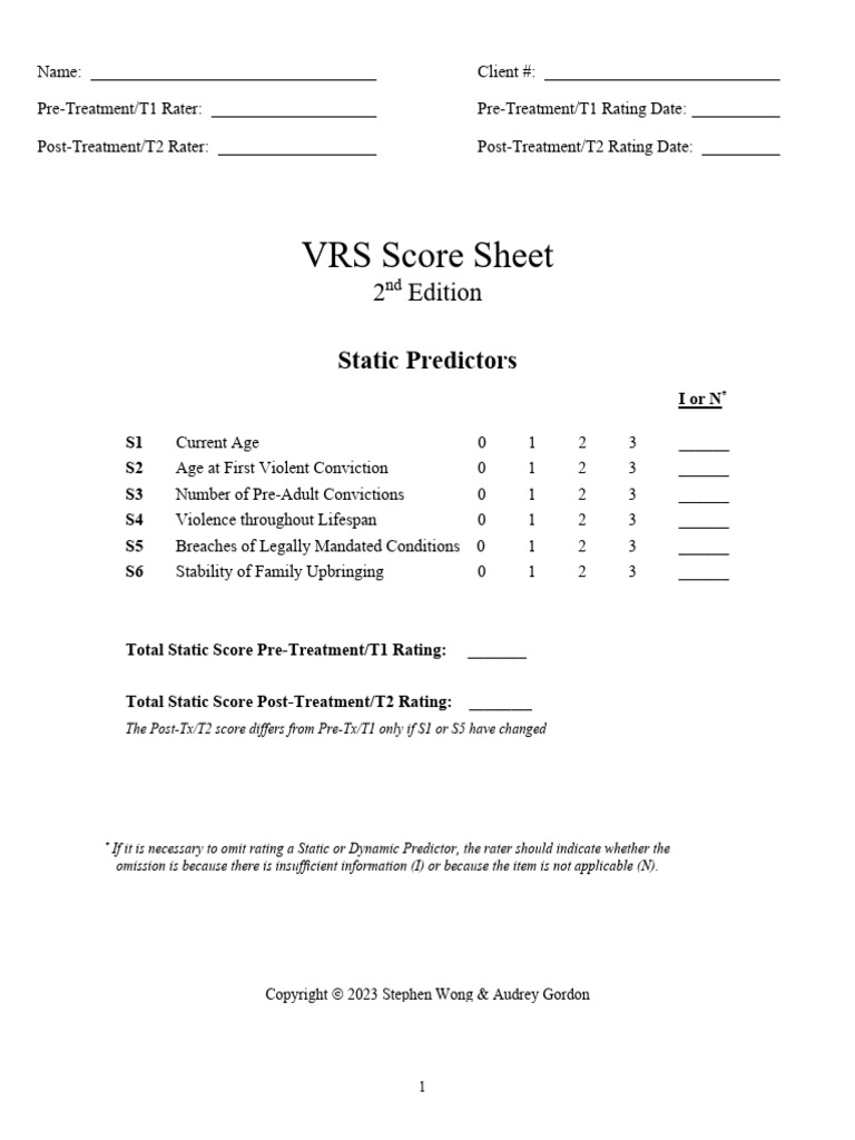 VRS Score Sheet - 2nd Edition 2023 | PDF | Social Psychology | Psychology