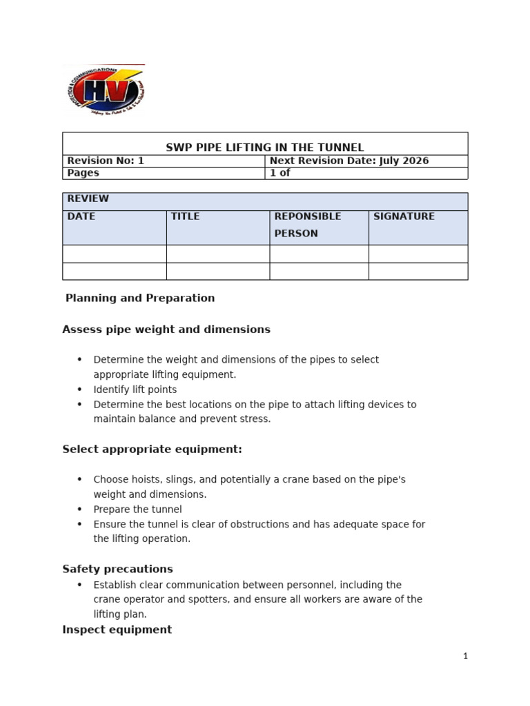 SWP - Pipe Lifting in The Tunnel | PDF | Pipe (Fluid Conveyance ...