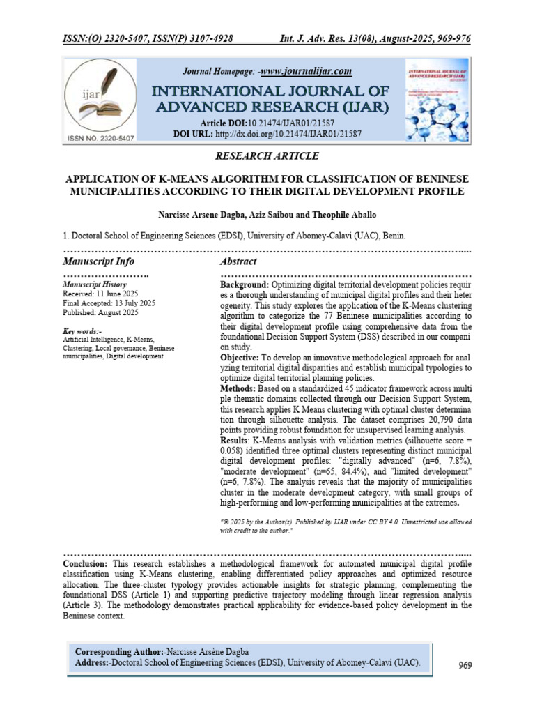 Application of K-Means Algorithm For Classification of Beninese Municipalities According To ...