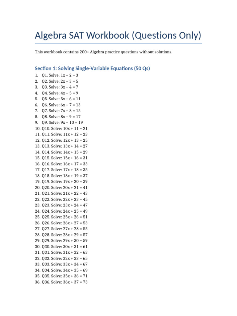 Algebra SAT Practice Questions Only | PDF