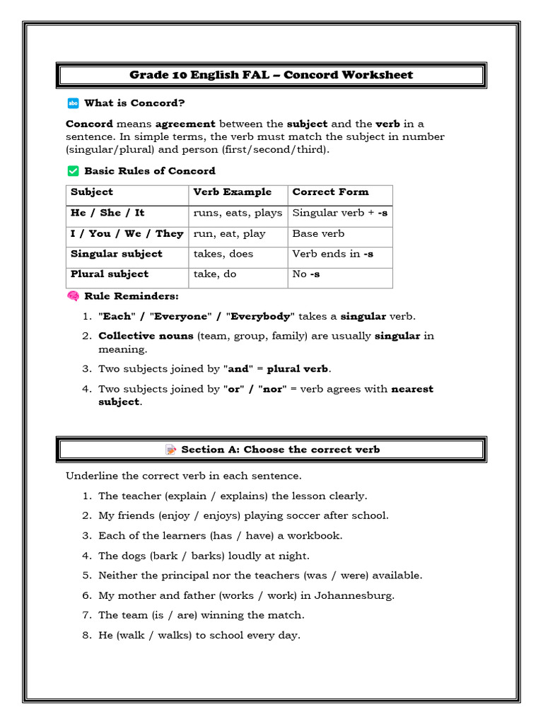 Grade 10 Concord Rules Worksheet | PDF | Grammatical Number | Linguistics