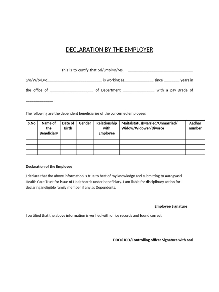 Employer Declaration for EHS Health Card | PDF
