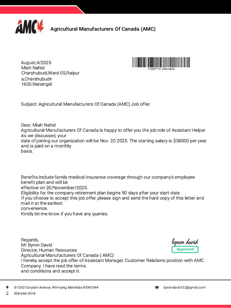 Miah Nahid Job Offer Letter | PDF