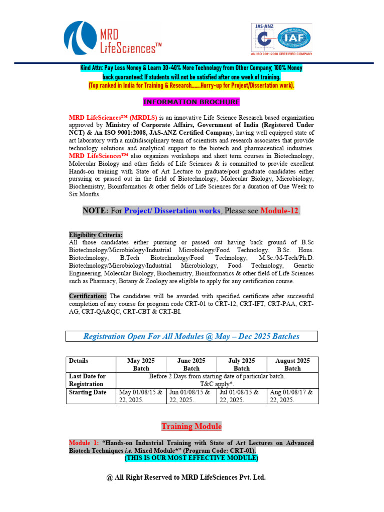 MRD LifeSciences Training Programs 2025 | PDF | Bacillus | Biotechnology