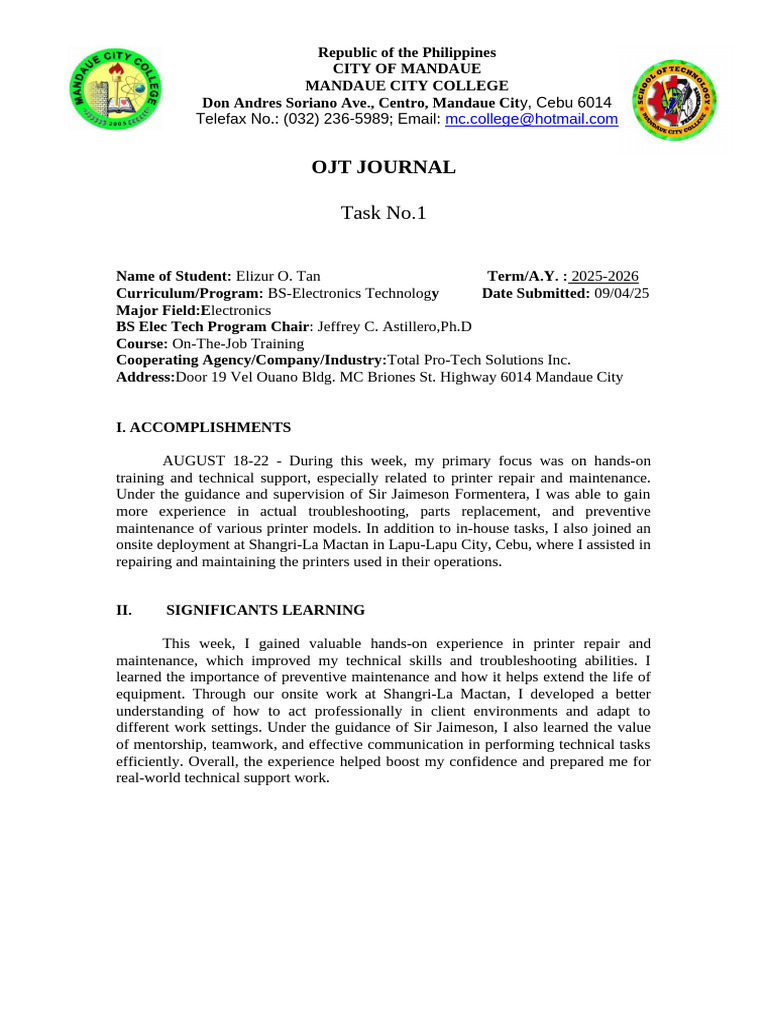 Ojt Journal Accomplishments. Tan | PDF
