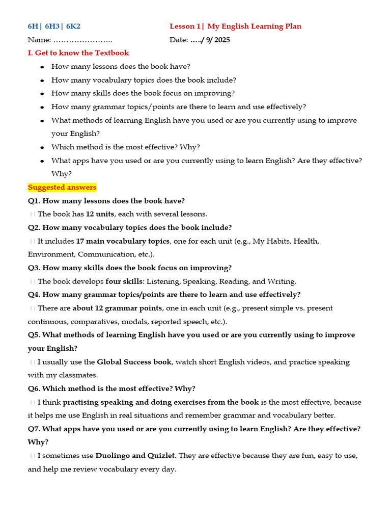 Sample Lesson 1 - My English Learning Plan | PDF