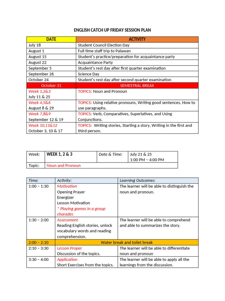 English Catch Up Friday Session Plan | PDF | English Language | Learning