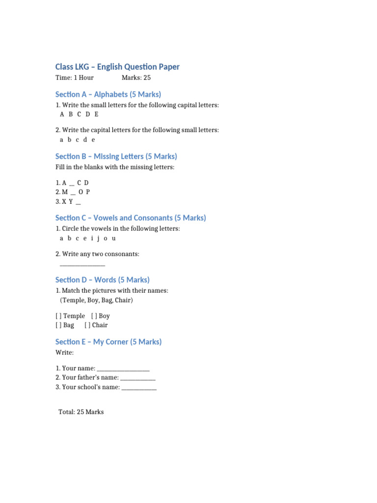 LKG English Question Paper Model | PDF