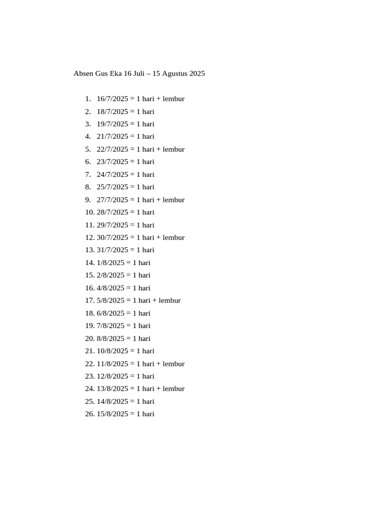 Absen Gus Eka 16 Juli-15 Agustus | PDF