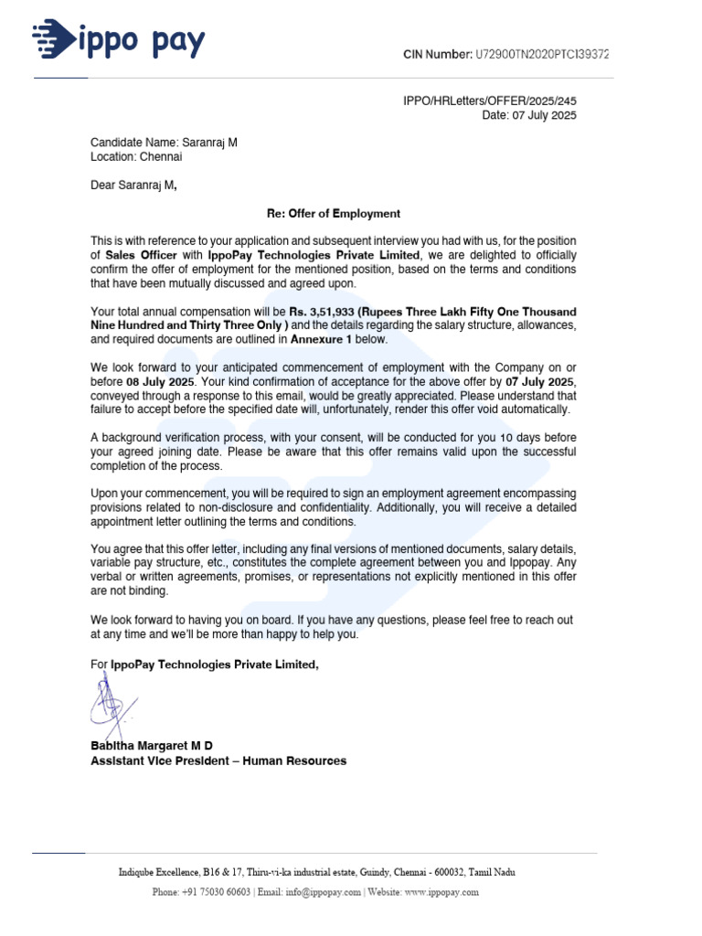 IppoPay Employment Offer Letter 2025 | PDF | Non Disclosure Agreement