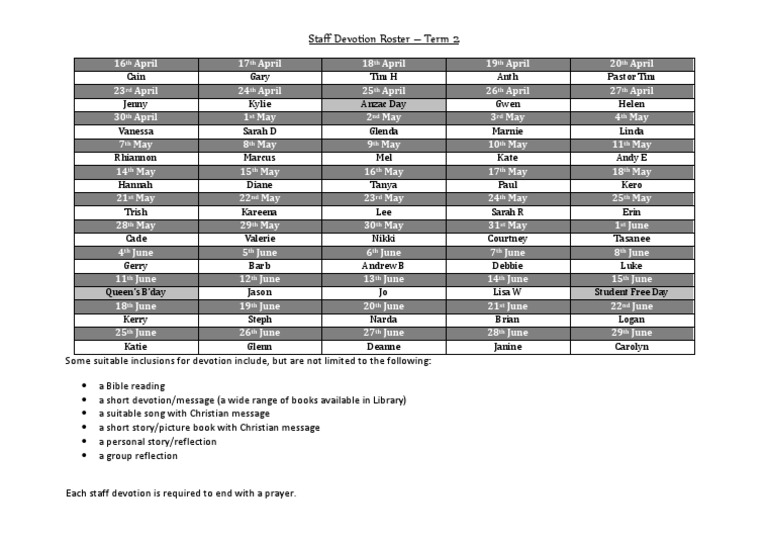Staff Devotion Schedule Term 2 | PDF
