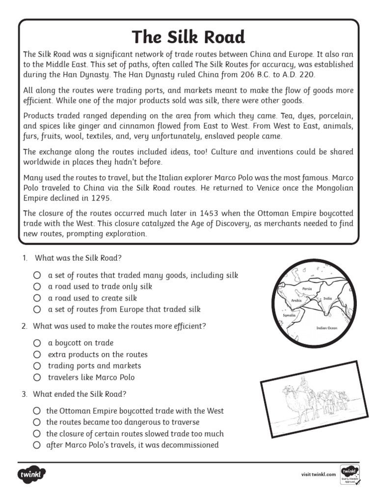 BW Fifth Grade Silk Road Reading Comprehension Activity | PDF