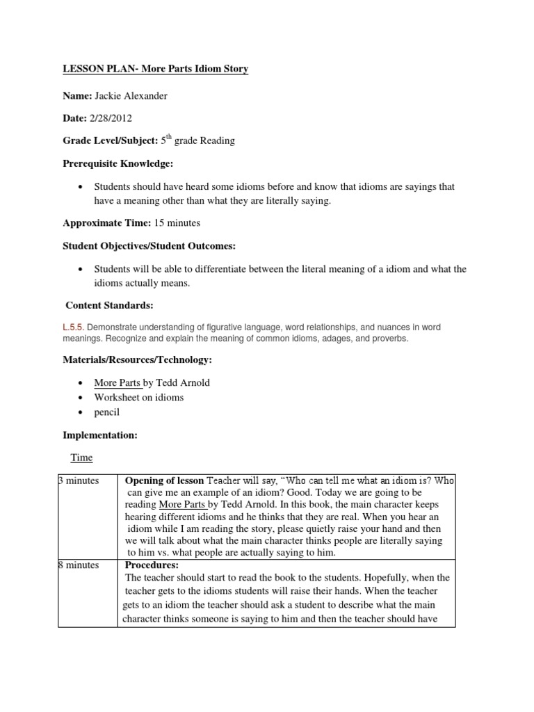 LESSON PLAN-Idioms Using More Parts | PDF | Idiom | Lesson Plan