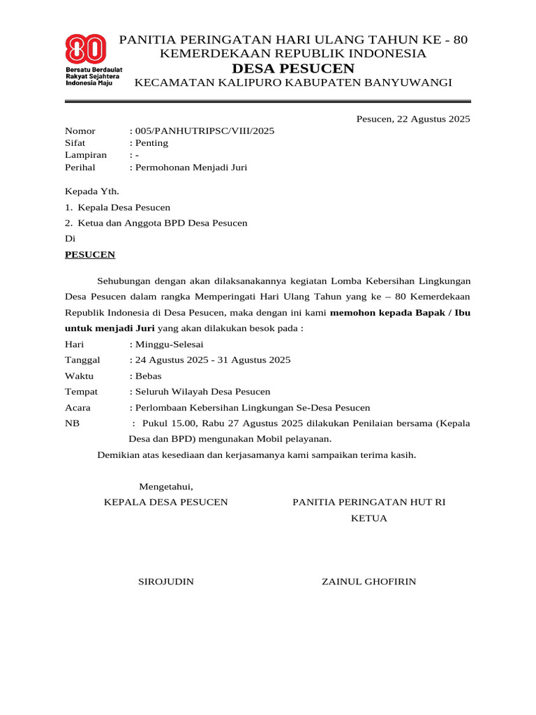 Surat Undangan Hut Ri BPD | PDF
