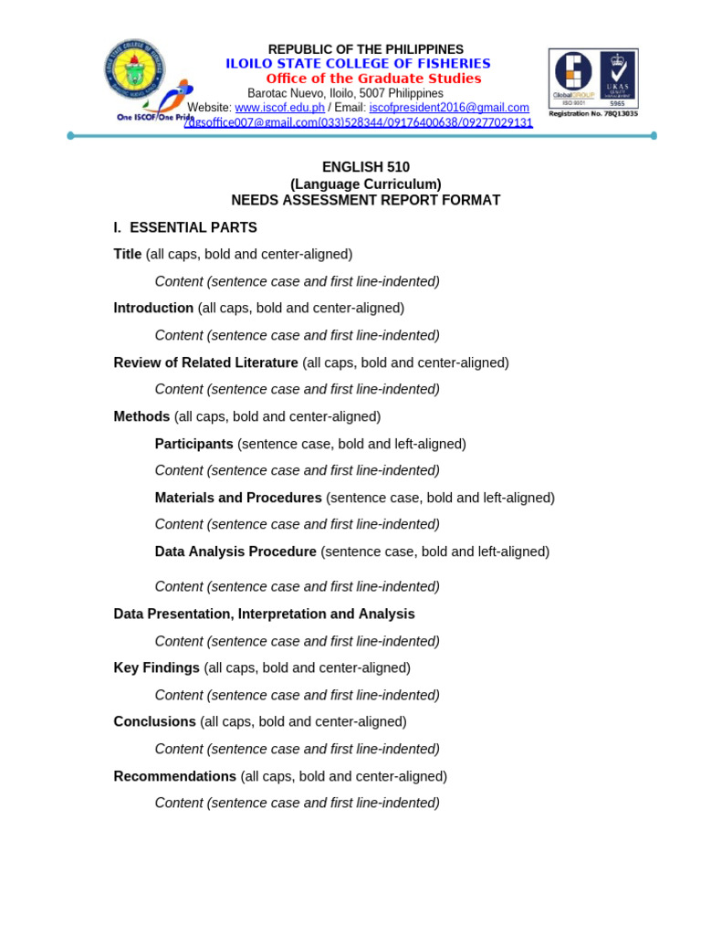 Needs Assessment Report Format | PDF | Printing | Writing