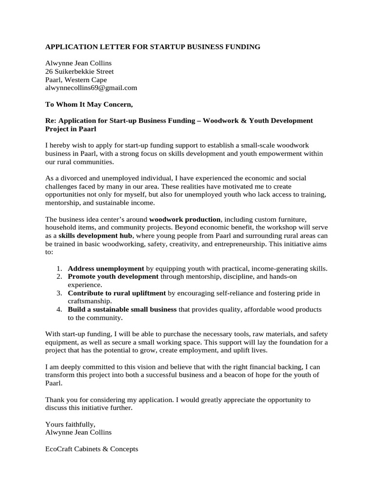 Application Letter For Startup Business Funding | PDF