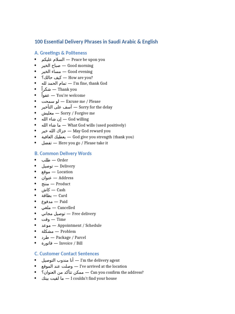 Delivery Phrases KSA Arabic English | PDF