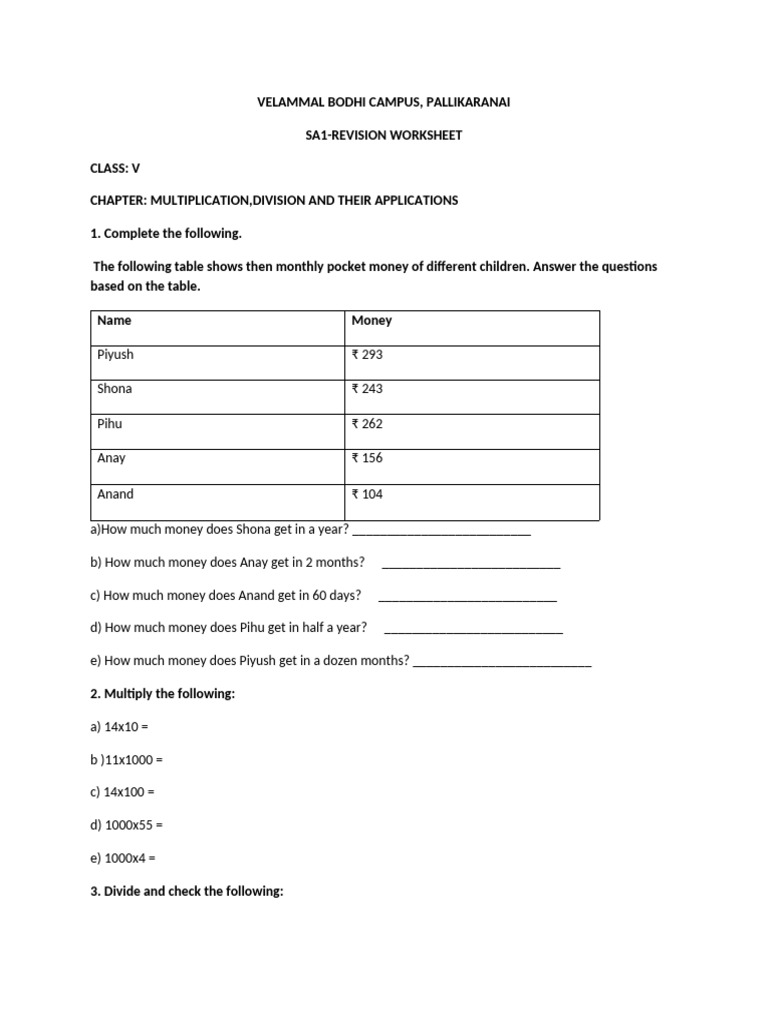 V Maths Multiplication-Division Sa1 Rev Worksheet | PDF