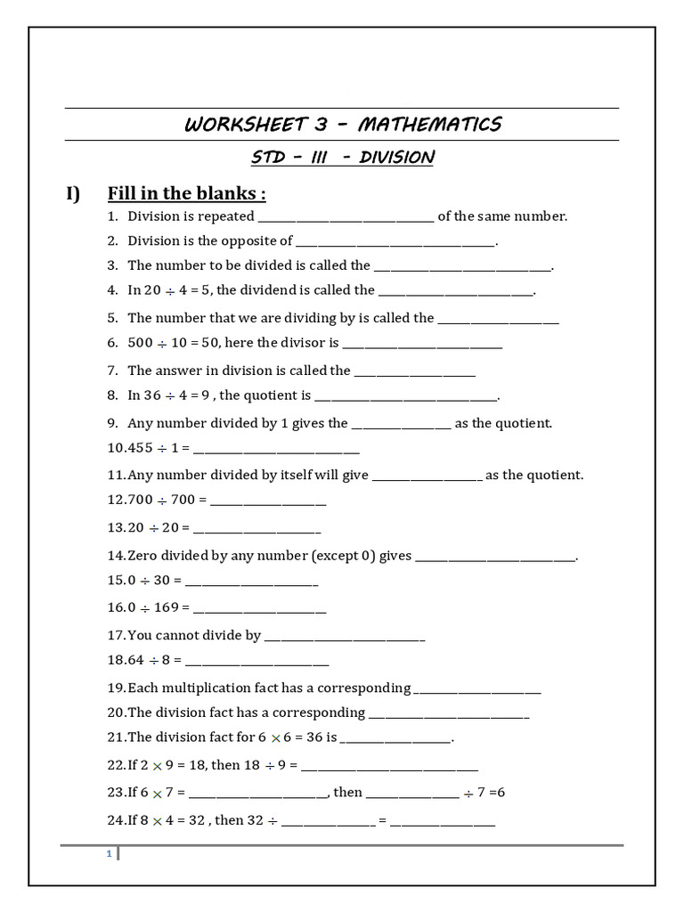 3rd Math Division Worksheet | PDF | Division (Mathematics) | Discrete ...