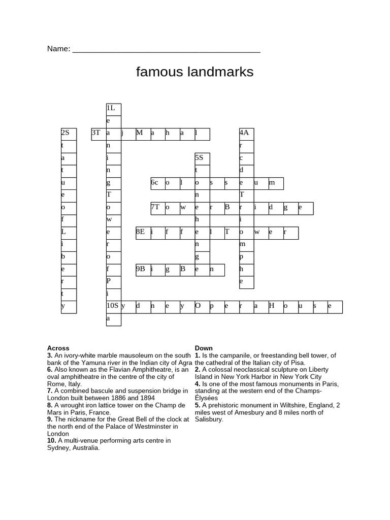 Famous Landmarks Crossword Puzzle | PDF