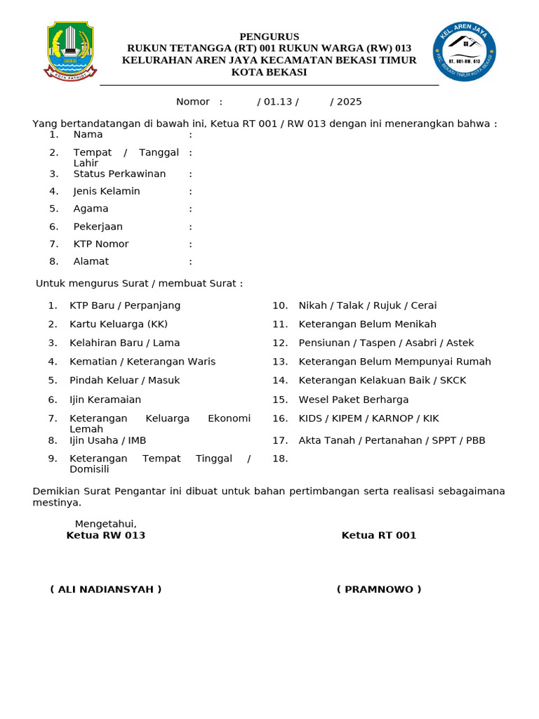 Surat Pengantar RT 001 RW 013 | PDF