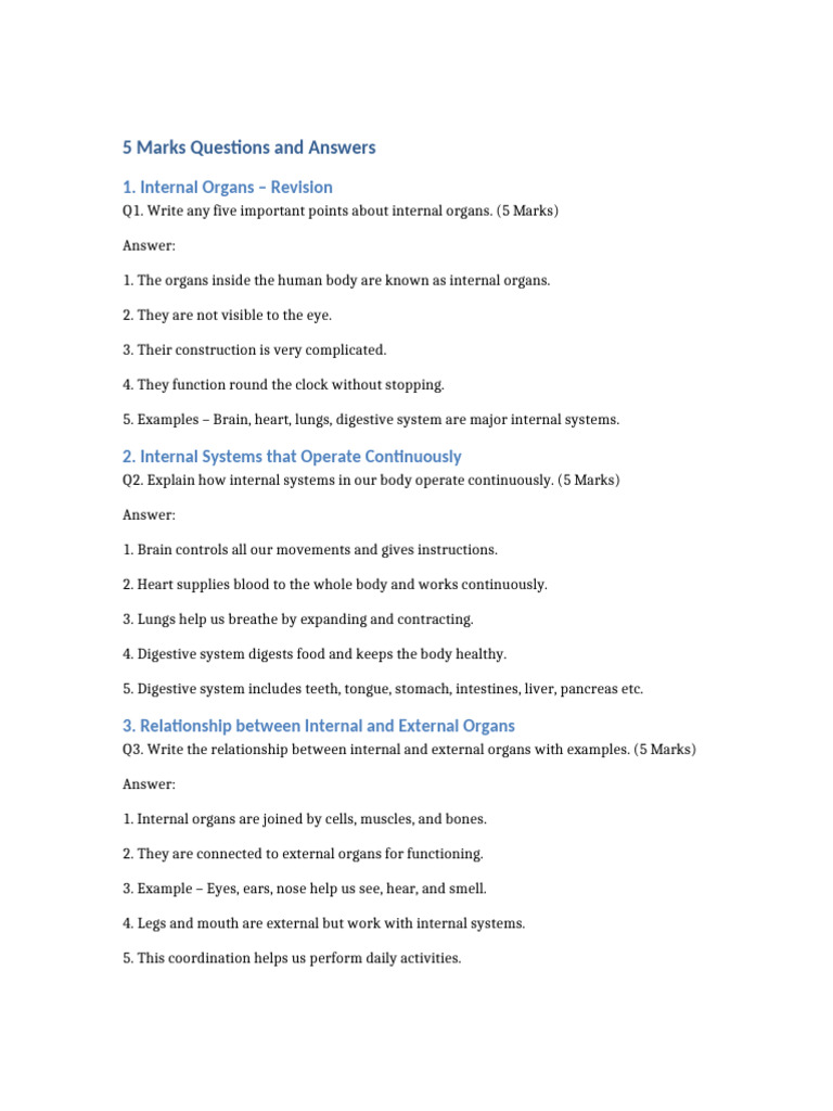 Internal Organs 5marks QA | PDF | Ear | Digestion