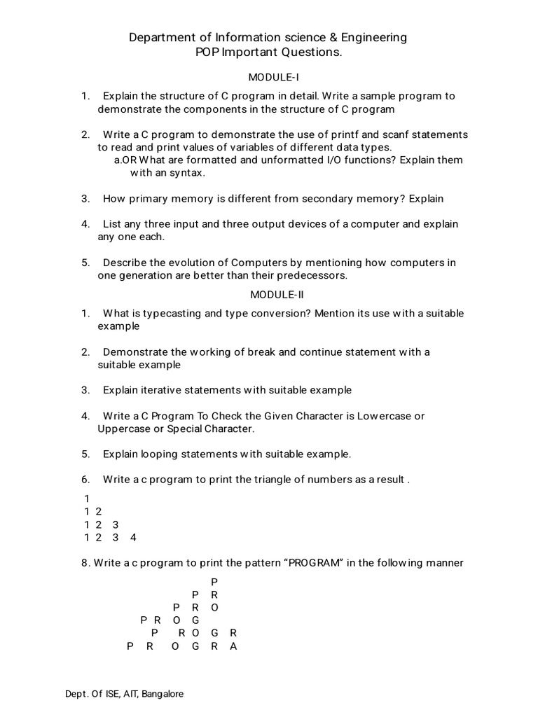POP Module - Wise Question Bank | PDF | Pointer (Computer Programming ...