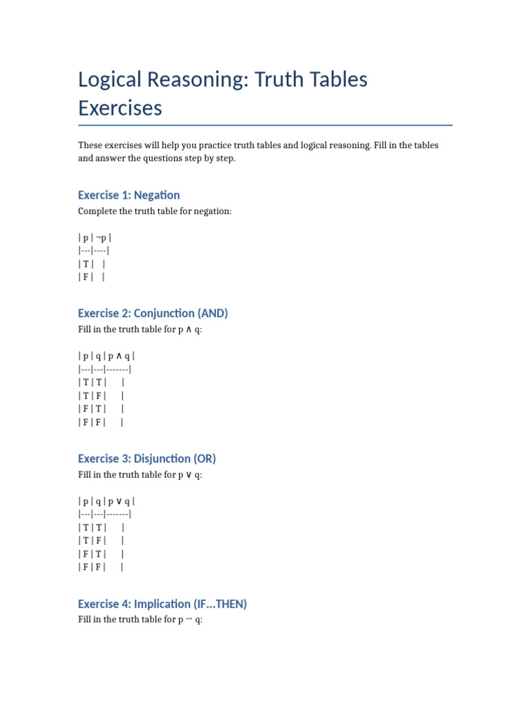 Truth Table Exercises and Solutions | PDF
