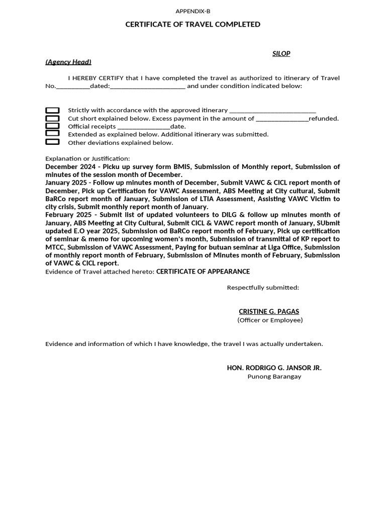 Certificate of Travel Completion Report | PDF