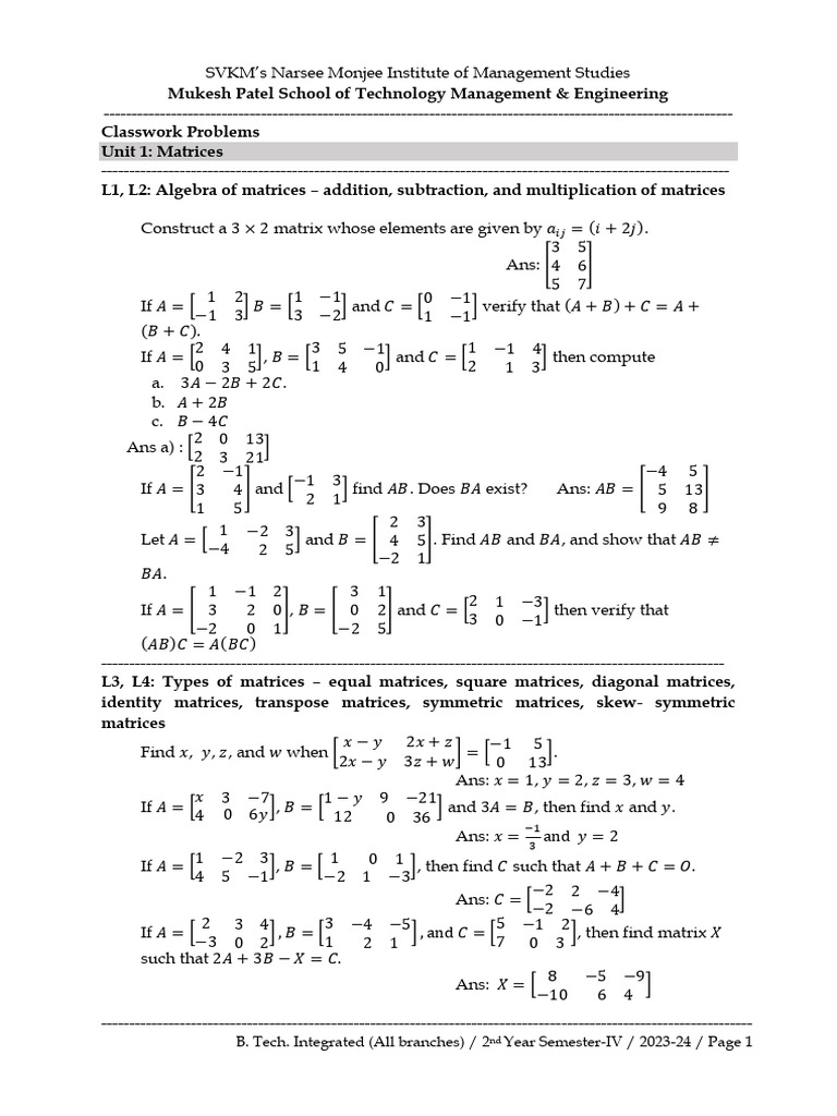 Sem IV 2025 Unit 1 ClassWork Problems | PDF | Matrix (Mathematics) | Linear Algebra
