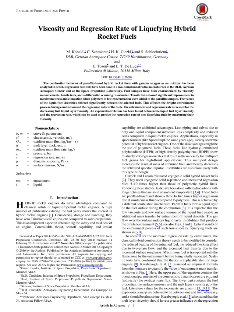 Viscosity and Regression Rate of Liquefying Hybrid | PDF | Viscosity ...