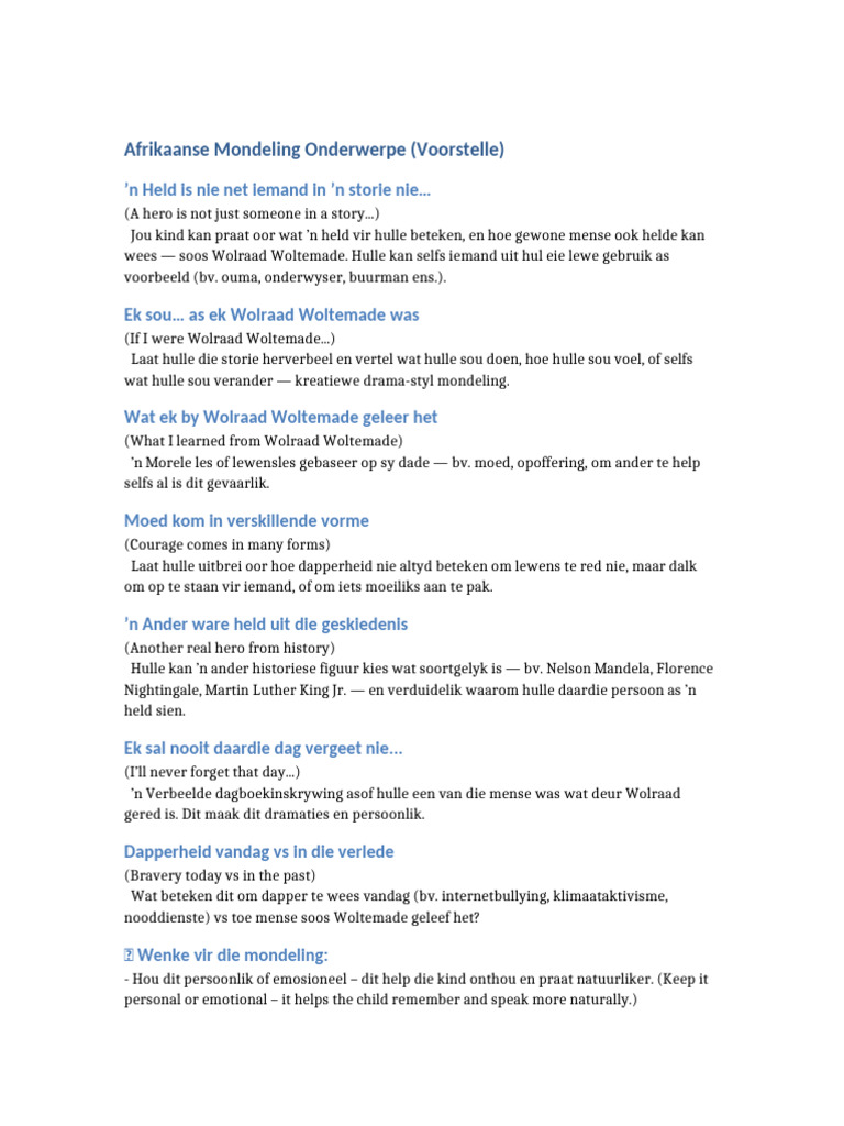 Afrikaanse Mondeling Onderwerpe Bilingual | PDF