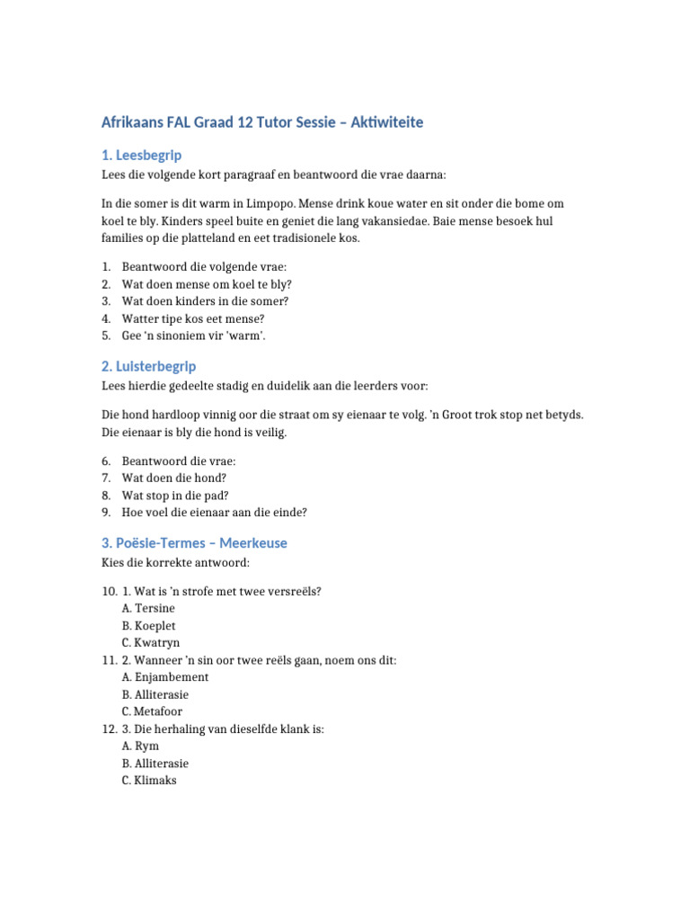 Graad 12 Aktiwiteite Tutorsessie | PDF