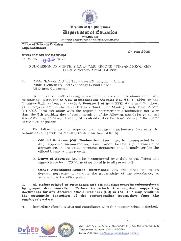 DM Osds No. 036 S. 2025 Submission of Monthly Daily Time Record DTR and ...