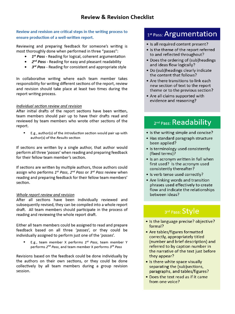 Review, Revision and Editing Checklists | PDF | Proofreading | Paragraph