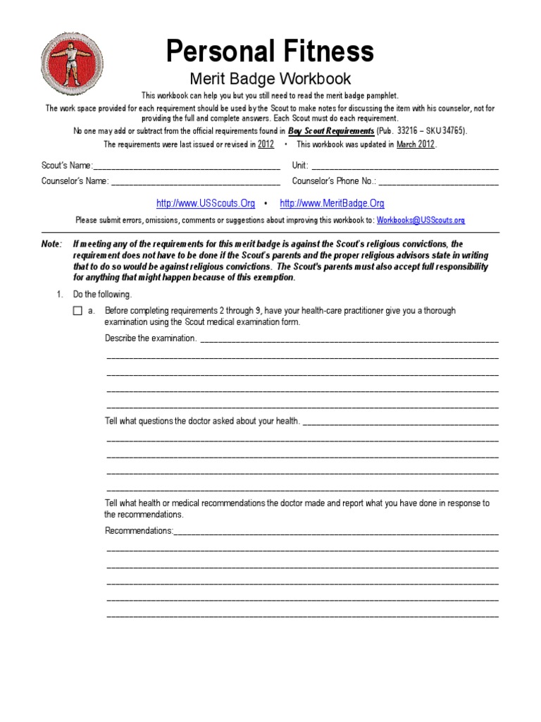BSA Personal_Fitness Worksheet | Boy Scouts Of America | Physical Fitness