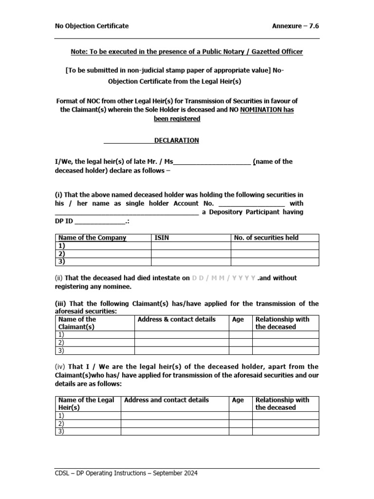 NOC Format for Deceased Securities | PDF | Securities (Finance) | Justice