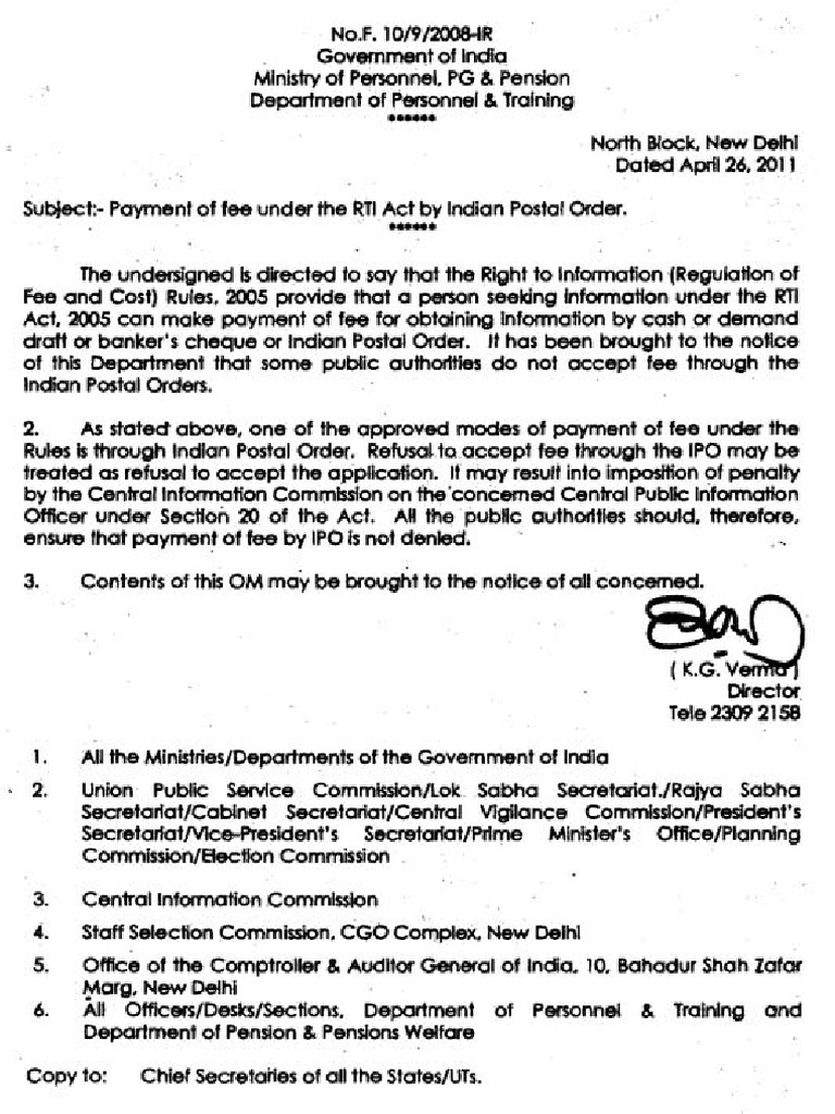 Indian Postal Order for RTI Fees | PDF