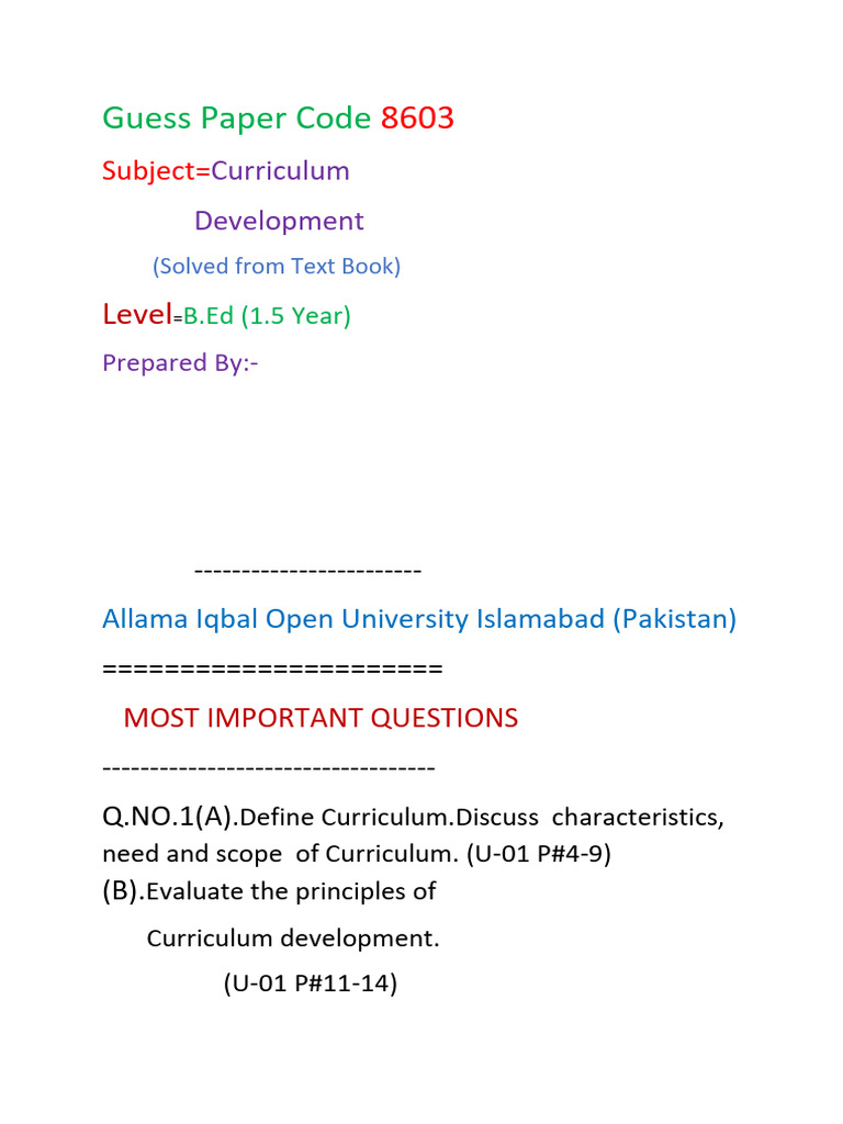 Ali (Guess Paper 8603 English) | PDF