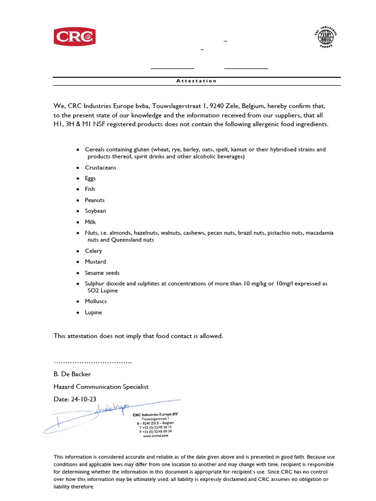 CRC Industries Allergen-Free Products | PDF