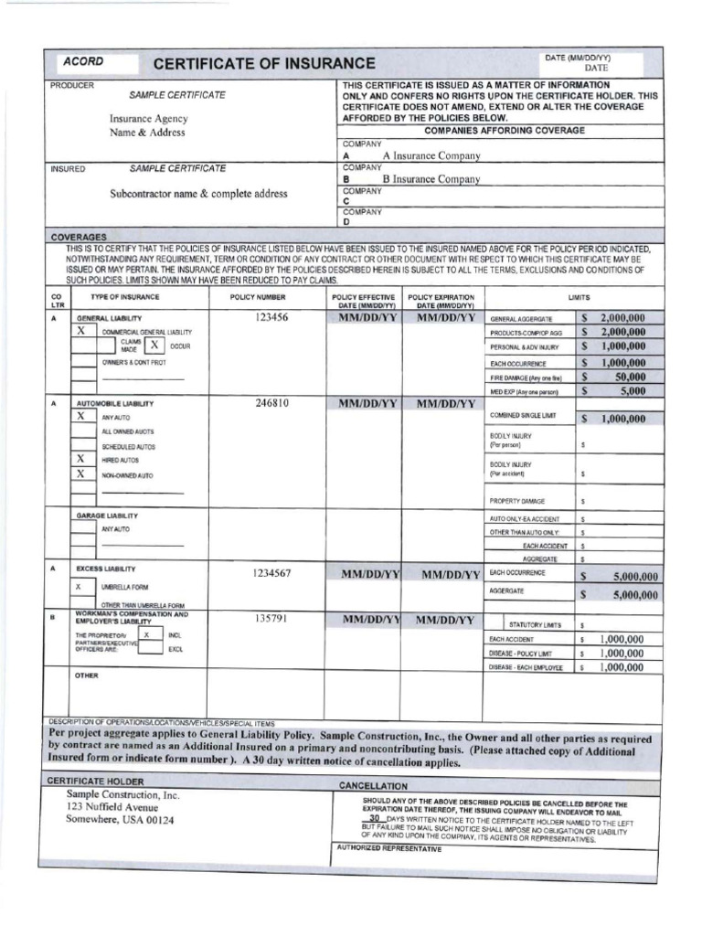 Certificate of Insurance Sample | PDF