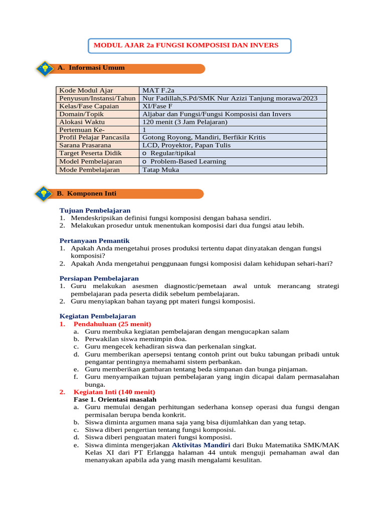 Modul Ajar Fungsi Komposisi SMK XI | PDF